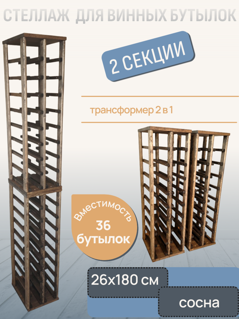Стеллаж винный RackForWine узкий двурядный двухсекционный на 36 бутылок цвет венге