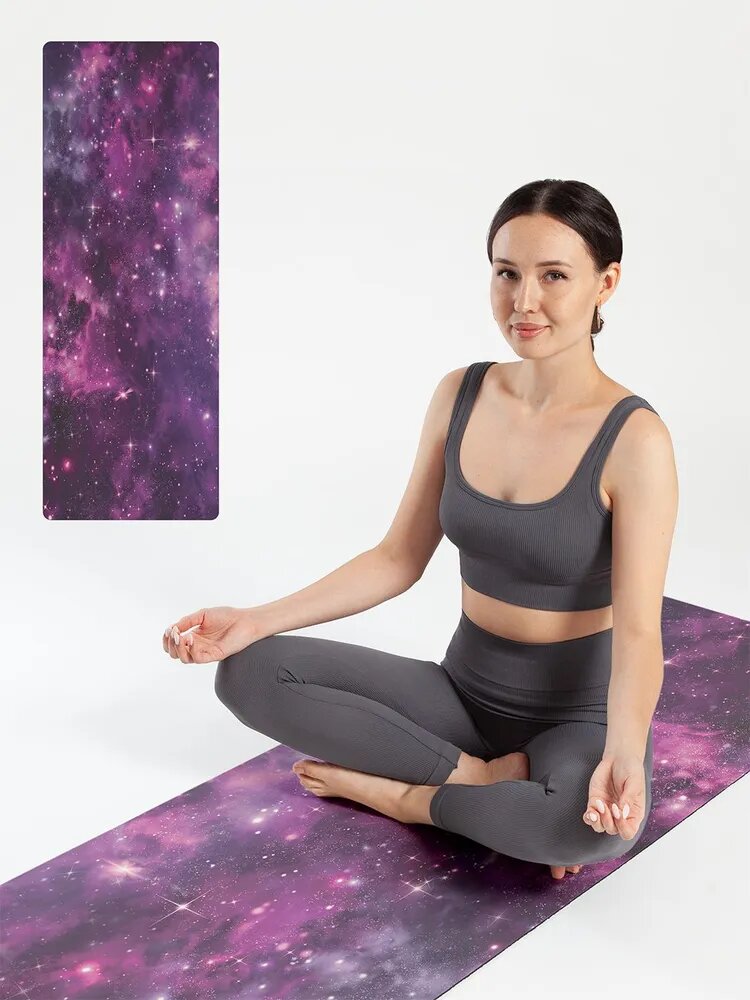 Коврик для фитнеса йоги нескользящий спортивный "Прекрасный космос" JoyArty, размер 61x180 см,180*61, Фиолетовый, синий, белый,
