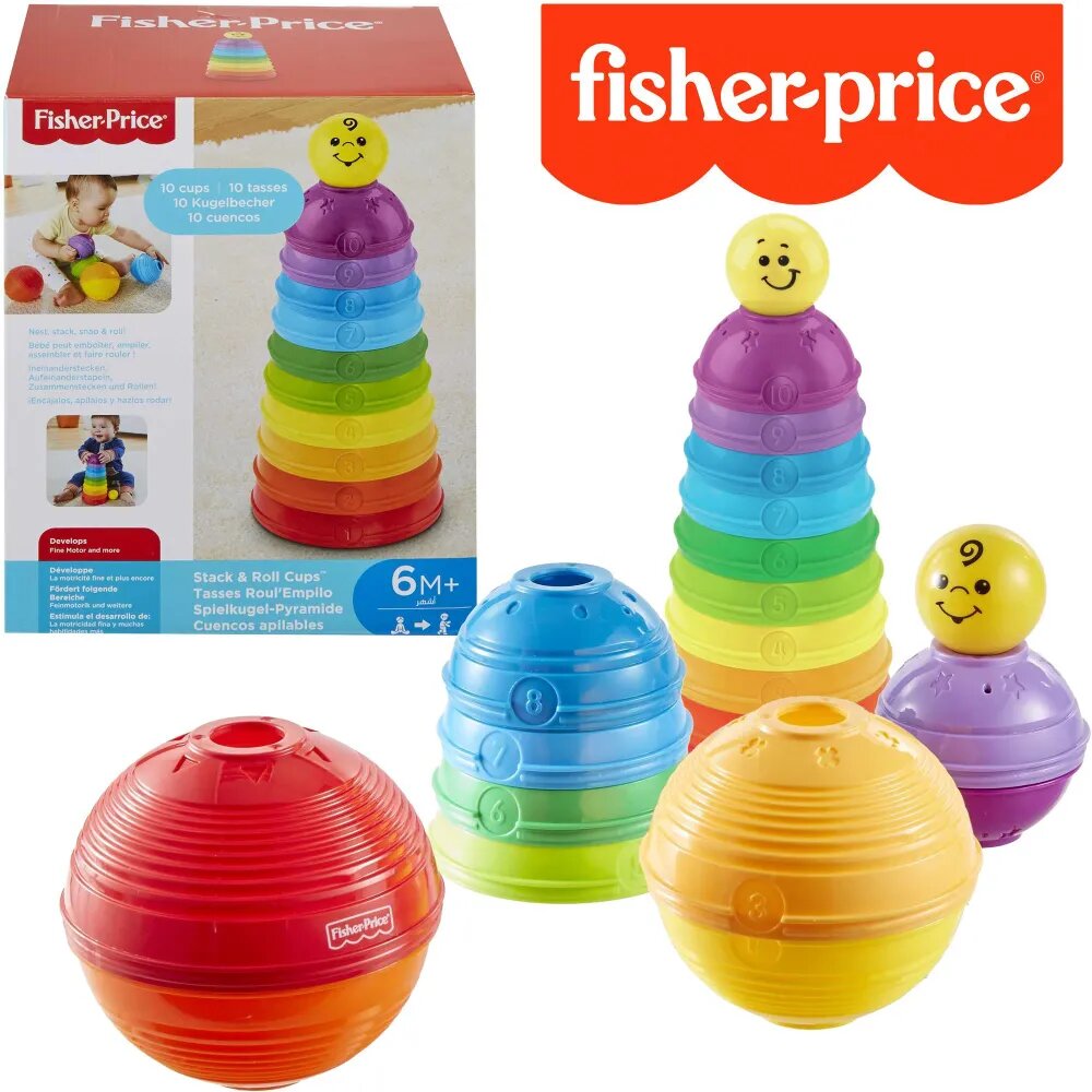 Fisher-Price Stack & Roll Cups - Развивающая пирамидка для малышей от 6 месяцев, разноцветная пластиковая игрушка