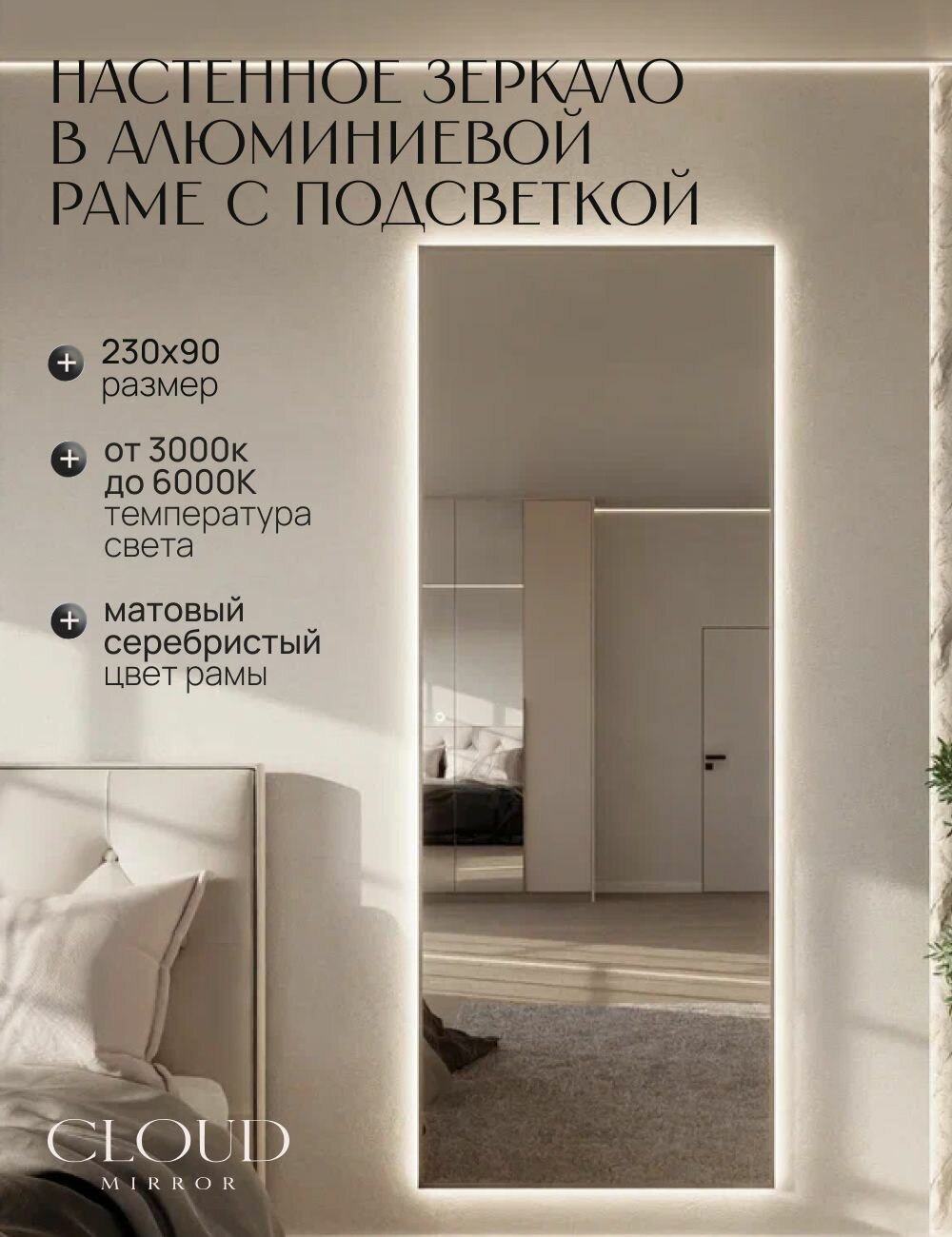 Зеркало 230х90 см. серебро с подсветкой сенсорное в алюминиевой раме интерьерное настенное CLOUD MIRROR