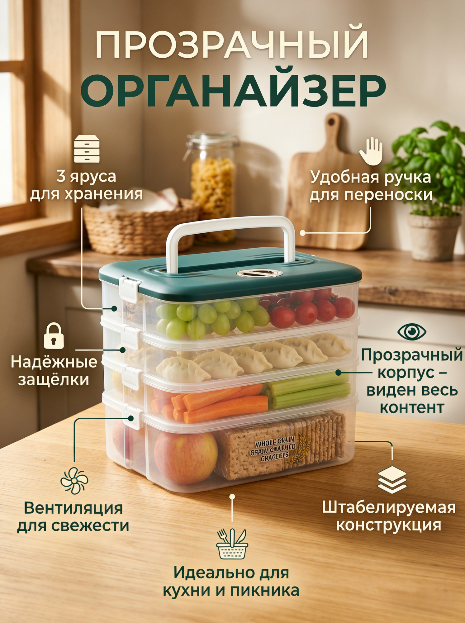 Контейнер для хранения и заморозки пельменей / емкость с крышкой и ручкой пищевая / герметичный продуктов пластиковый