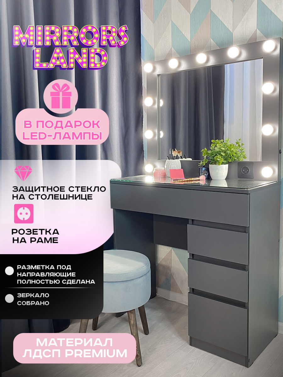 Гримерный туалетный столик с зеркалом с подсветкой, без ручек, с розеткой на раме и защитным стеклом Серый Графит