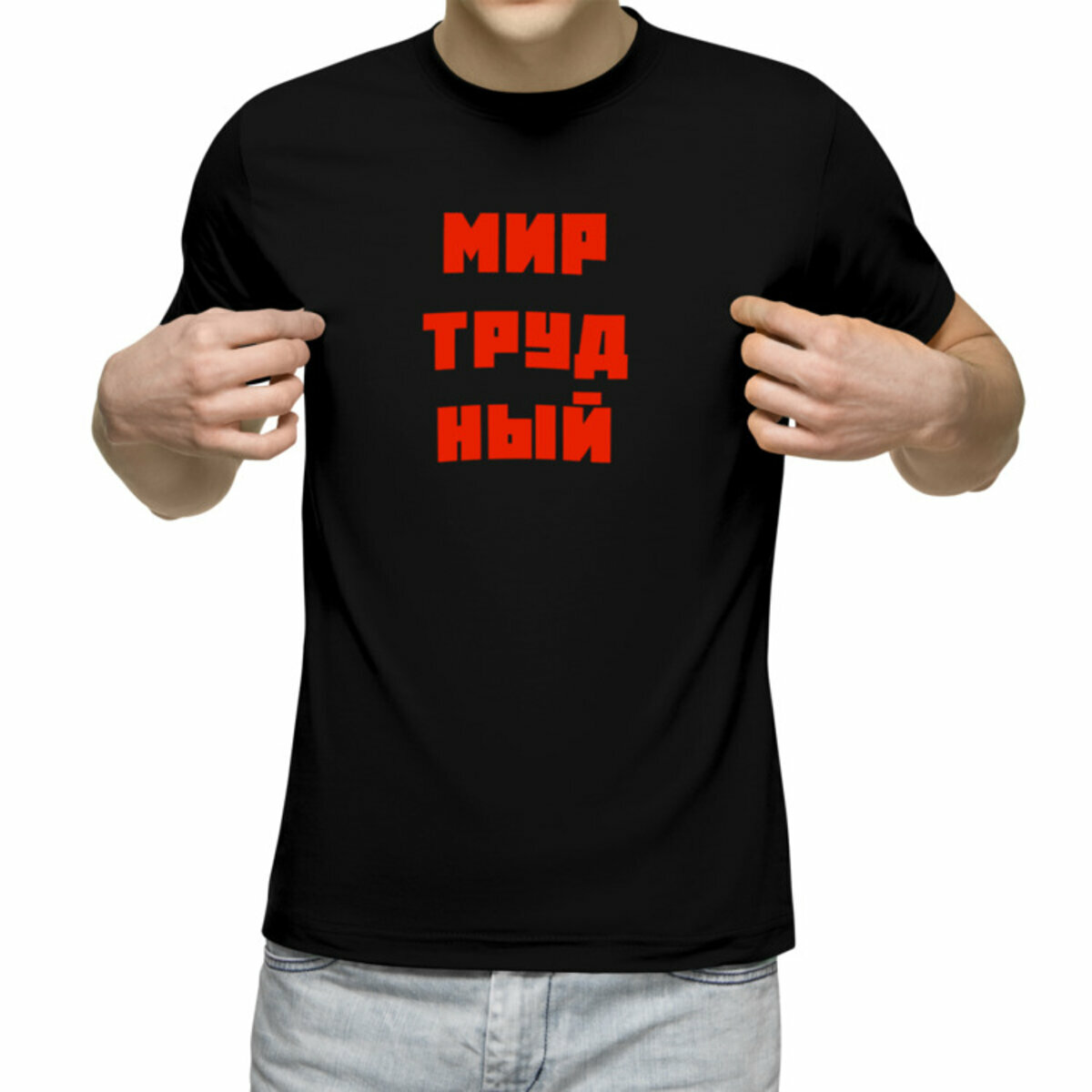 Мужская футболка «Мир труд ный с надписью мир трудный мем» (черный, L)