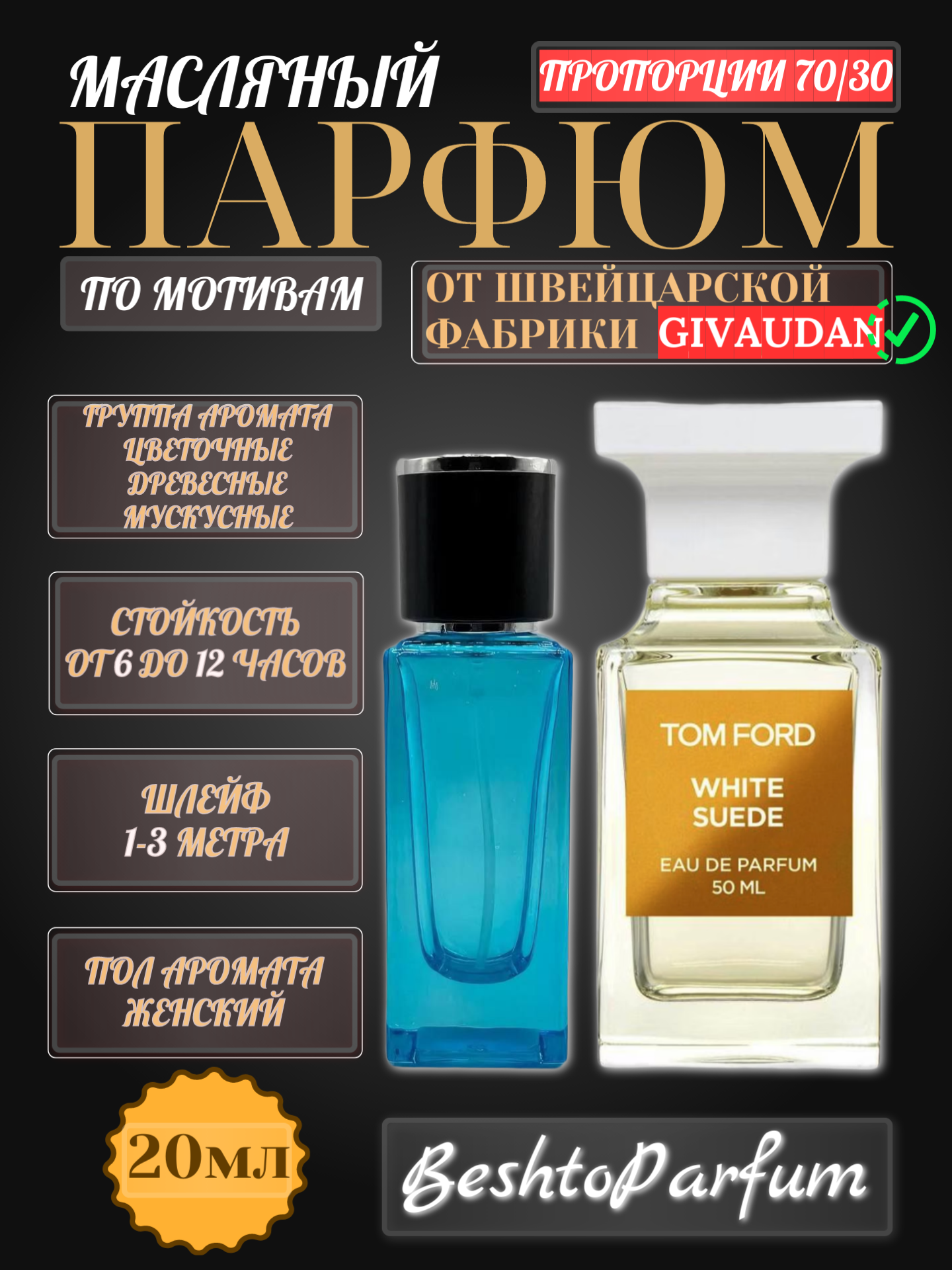 Масляные духи по мотивам Tom Ford White Suede — стойкий мускусно-кожаный нишевый аромат / 20мл