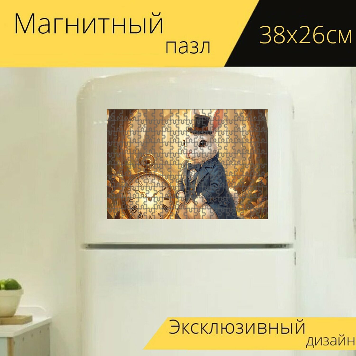 Магнитный пазл "Белый кролик с часами. Сказочный лесной персонаж в синем фраке и цилиндре рядом с винтажным циферблатом. Тёплая осенняя палитра, золотой." для интерьера, 38х26 см.