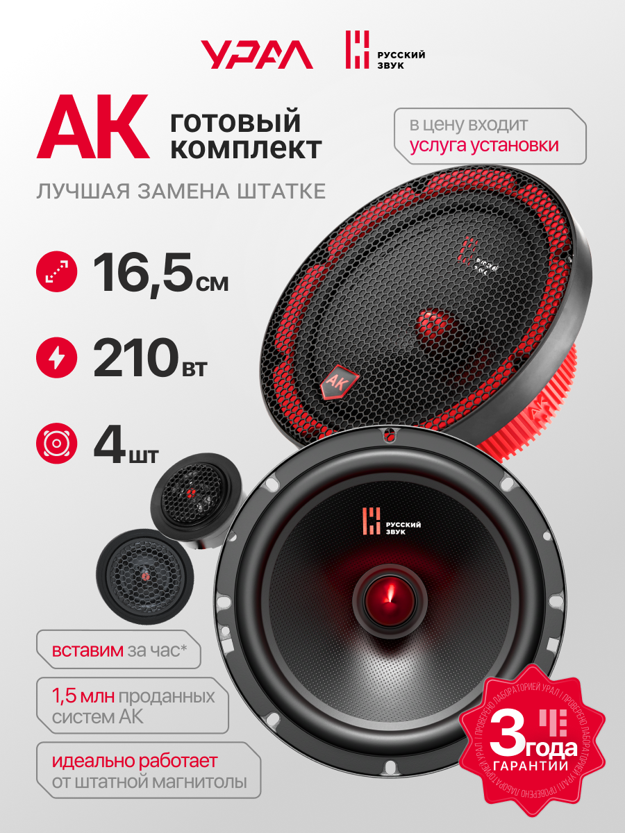Автомобильная акустика Урал, АК, компонентная, полоса 45-22000, 90-210Вт