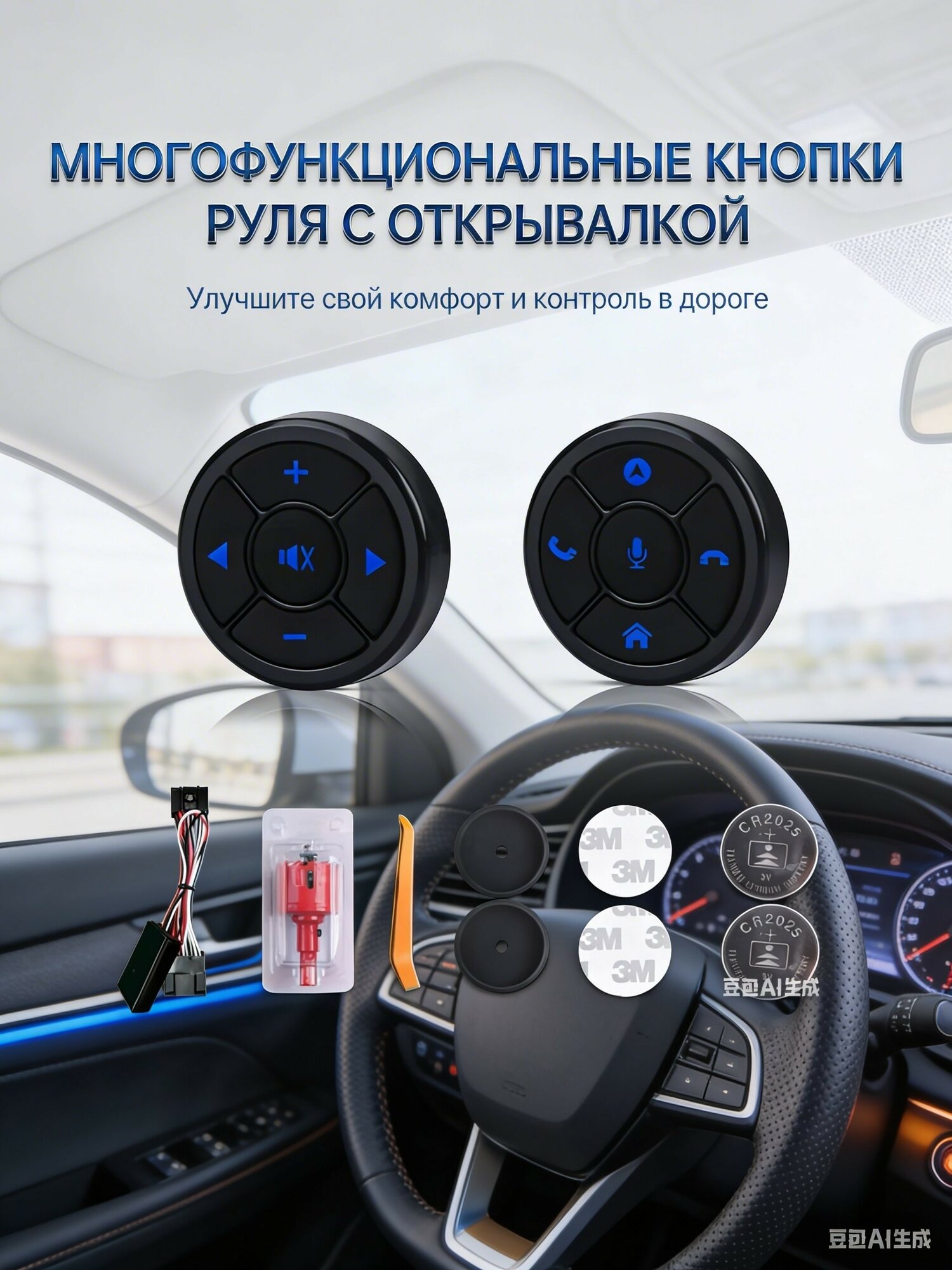Пульт на руль 11 кнопок медиа, Bluetooth-управление радио для 1DIN,2DIN, Android; подсветка, открыватель, KEY1/KEY2