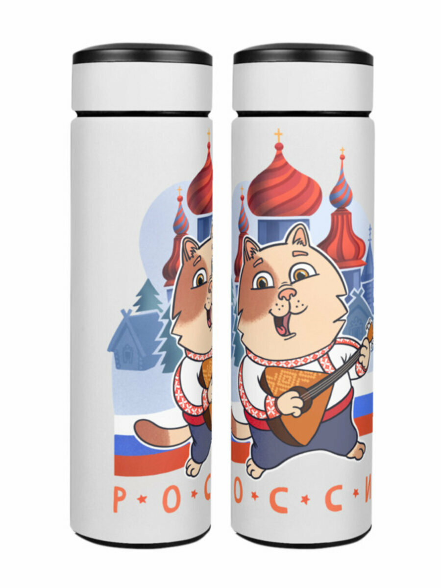 Термос «Кот-патриот, Россия, модно» (белый)