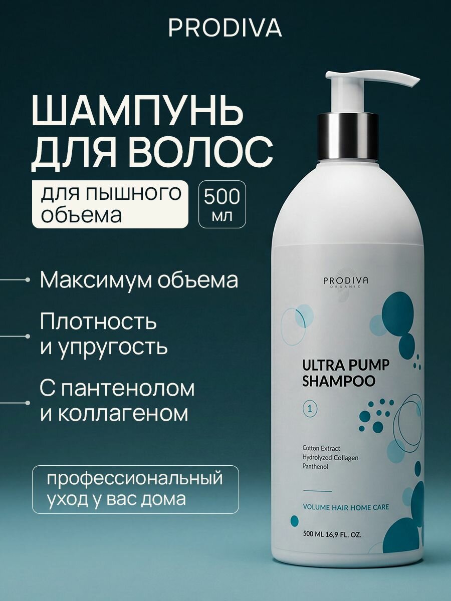 Шампунь для пышного объема и плотности волос Ultra Pump Shampoo с коллагеном и хлопком 500 мл