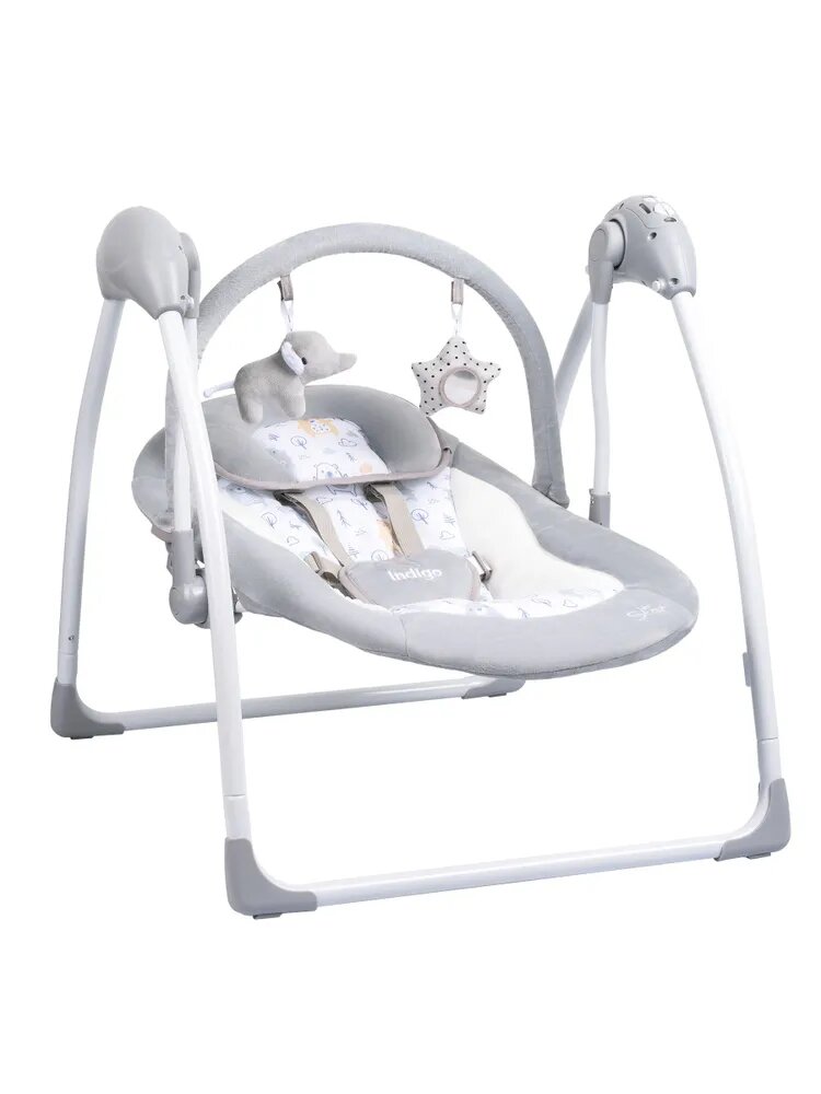 Электрокачели шезлонг для новорожденных Indigo Teddy PL606 с музыкальным мобилем и пультом управления, серый