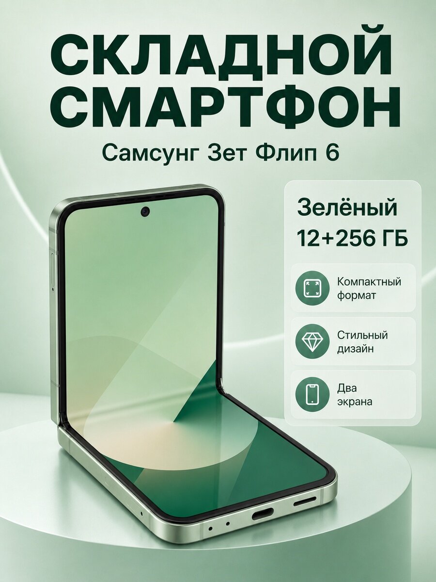 Samsung Galaxy Z Flip6 5G смартфон с поддержкой NFC, 256GB памяти, 12GB оперативной памяти, складный экран, зеленый