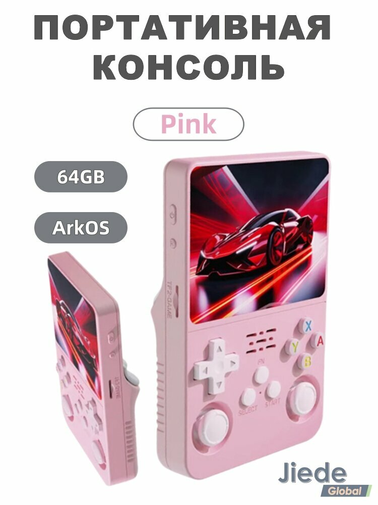 Портативная игровая консоль R36S, 3,5-дюймовый IPS-экран, 64 ГБ, стиле ретро, система Arkos, Розовый