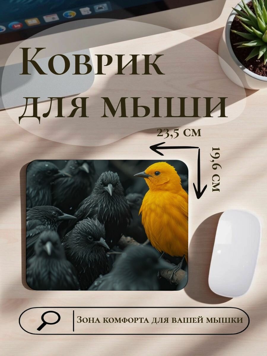 Коврик для мыши Желтая птица среди черных ворон