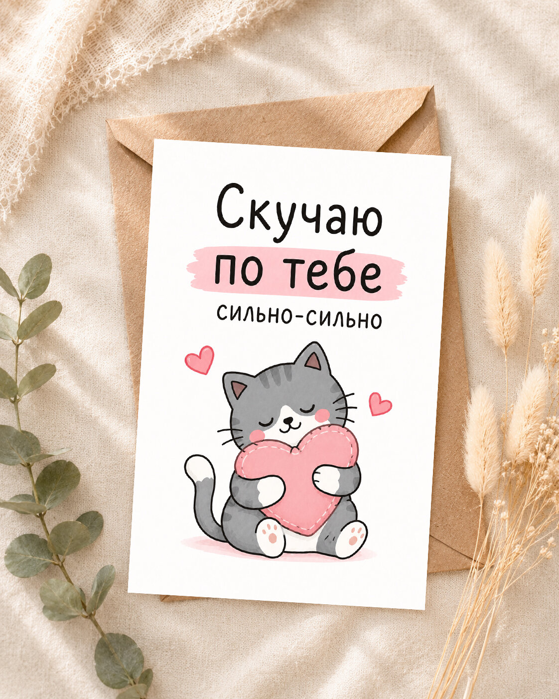 Открытка "Скучаю по тебе сильно-сильно", милая открытка с котиком и сердцем, 10х15