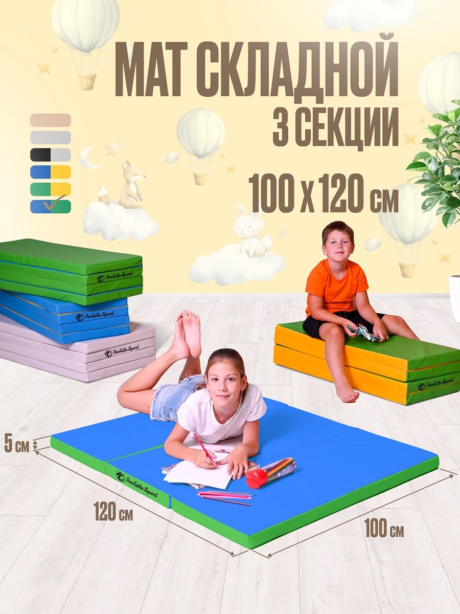 Мат спортивный гимнастический Perfetto sport № 20 (80х100х5 см) складной (2 секции) голубой салатовый