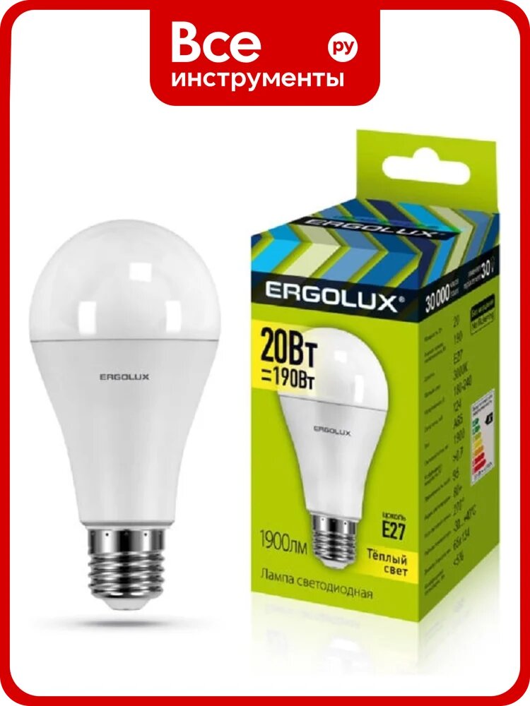 Электрическая светодиодная лампа Ergolux LED-A65-20W-E27-3K ЛОН 20Вт E27 3000K 172-265В 13182