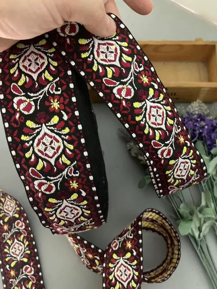 Тесьма лента трикотажная, 5 см, 2 метра хлопок красный Тесьма декоративная, с народным узором, для декора, рукоделия и творчества, синий 04