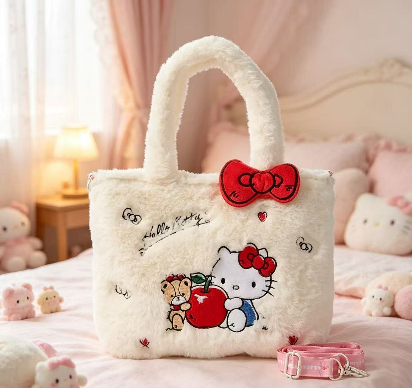 Плюшевая сумка-тоут Hello Kitty, мягкая ручная сумка с ремнем через плечо, милая сумка для девушек, подарок