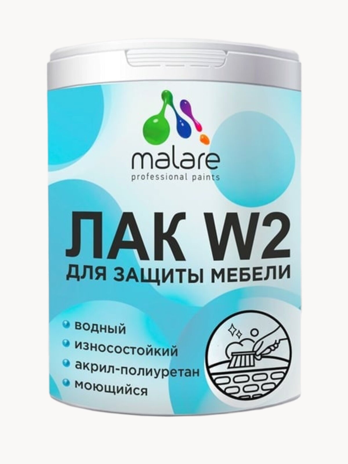 Моющийся лак для мебели Malare для кухонных фасадов, для дерева и минеральных поверхностей, акриловый быстросохнущий без запаха, прозрачный, полуглянцевый, 1.8 кг