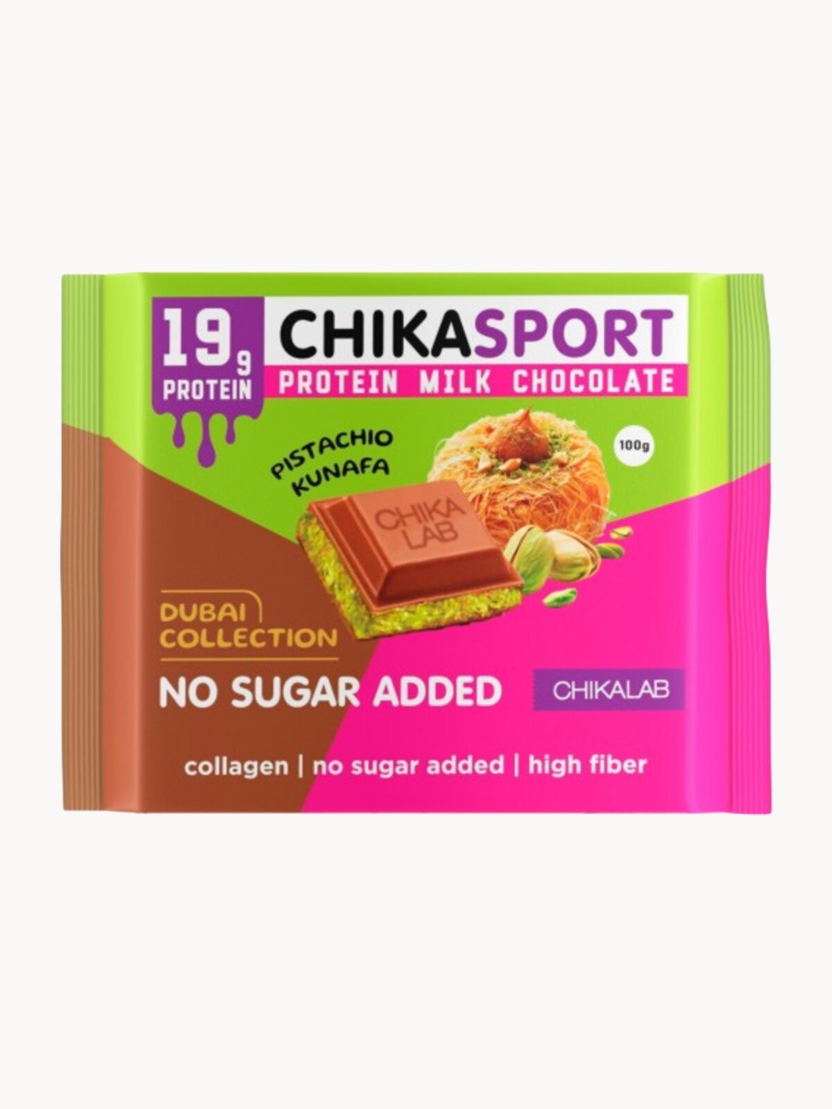 CHIKALAB Протеиновый шоколад без сахара с фисташковой пастой и хрустящим тестом "Дубайский шоколад", 4шт х 100г