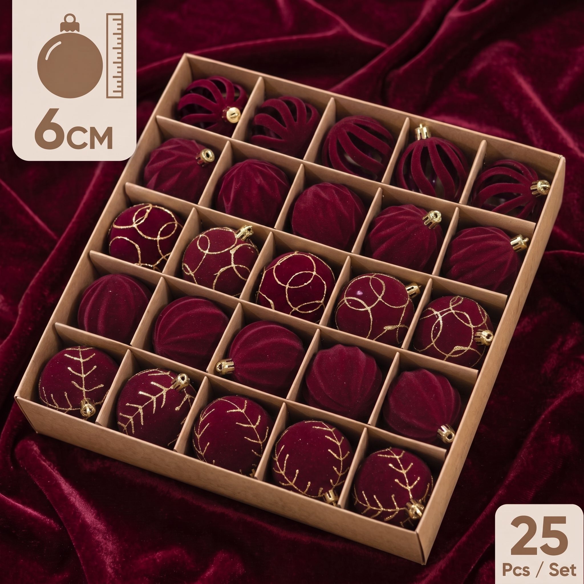 Елочные игрушки шары 6 см 25 штук бордовые, украшение на елку набор