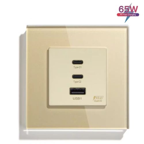 Порты быстрой зарядки 65W: двойной Type-C и USB, адаптер быстрой зарядки, стеклянная рамка, золотой, 86x86 мм