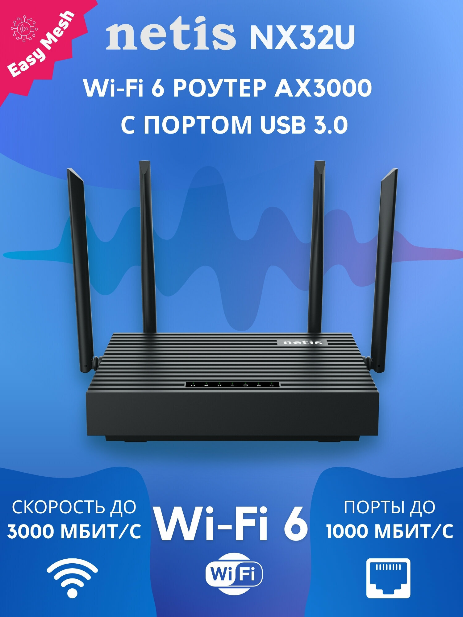 Netis NX32U Двухдиапазонный гигабитный роутер с поддержкой Wi-Fi 6, Easy Mesh и портом USB 3.0