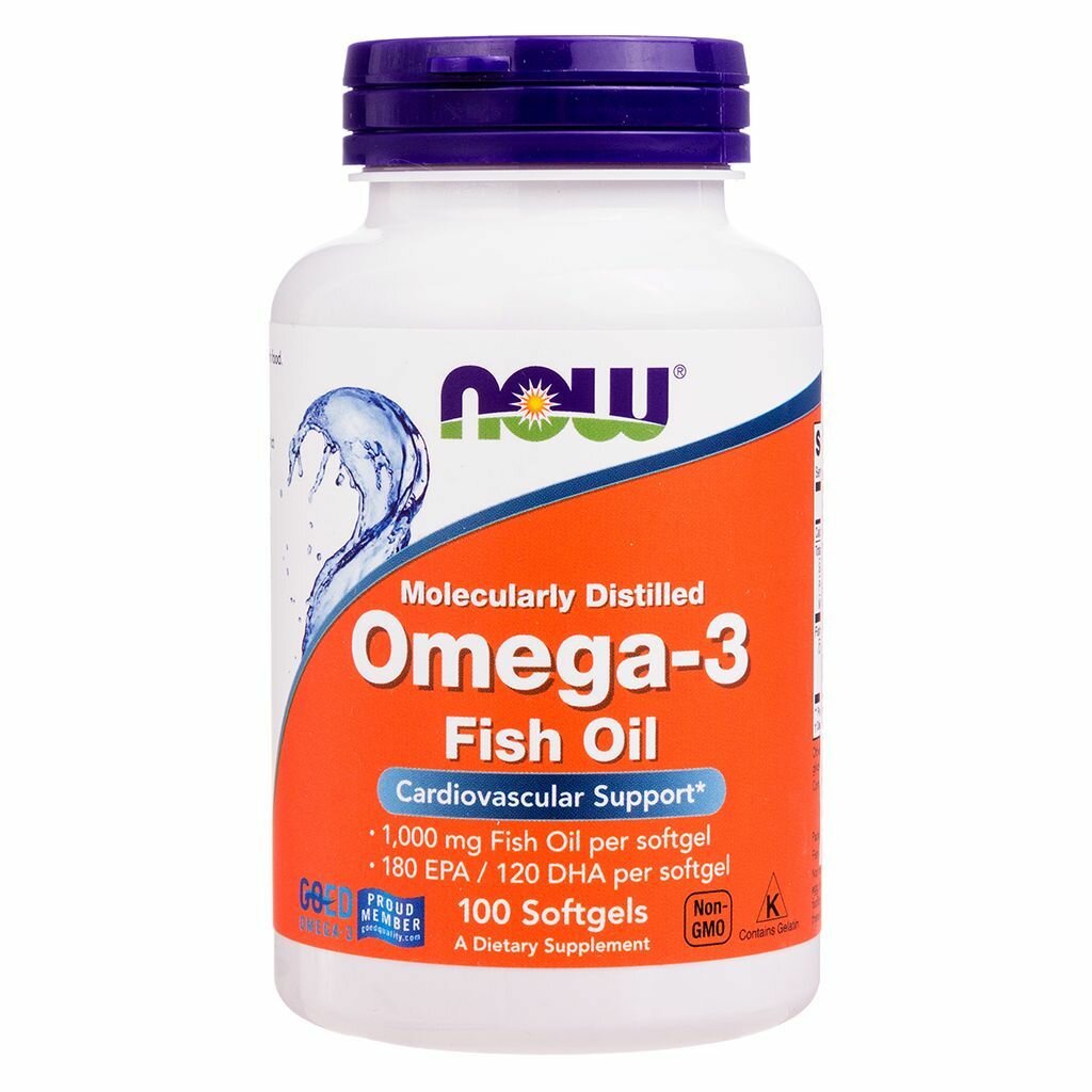 Омега 3 1000 мг. полезные жировые кислоты Now Omega-3 1000 mg. 100 капсул рыбный Нау Омега-3 рыбий жир EPA DHA