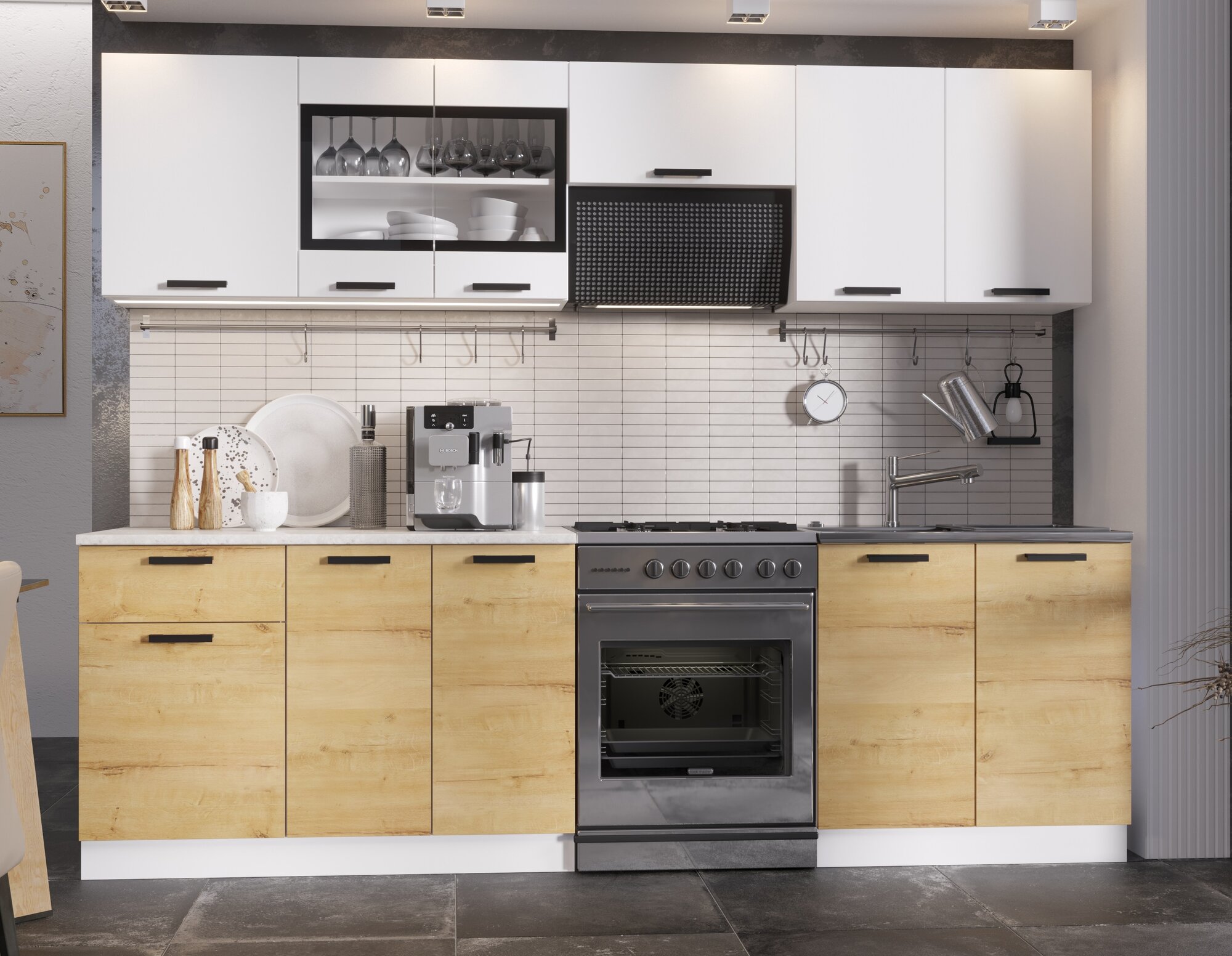 Кухня Хозяюшка 2,0м + ГАЗ600 (столешница в к-те Калаката 1,2м), Белый/Дуб вотан