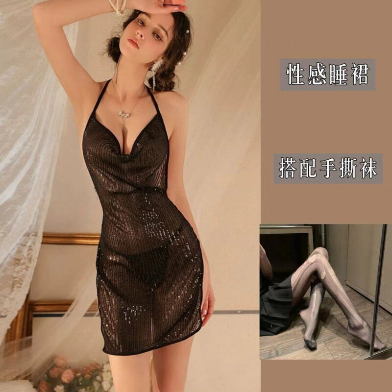 Французский стиль, сексуальное глубокое платье без спинки, ночной клуб, с разрезом, с пайетками, короткое платье, тонкие пижамы, ночная одежда, нижнее белье