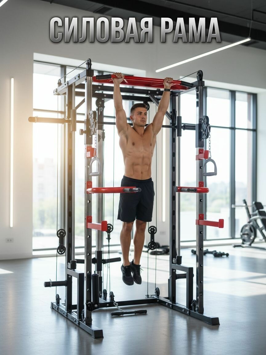 Машина смита для приседа, с турником, силовая рама напольная, тренажер кроссовер для тяги