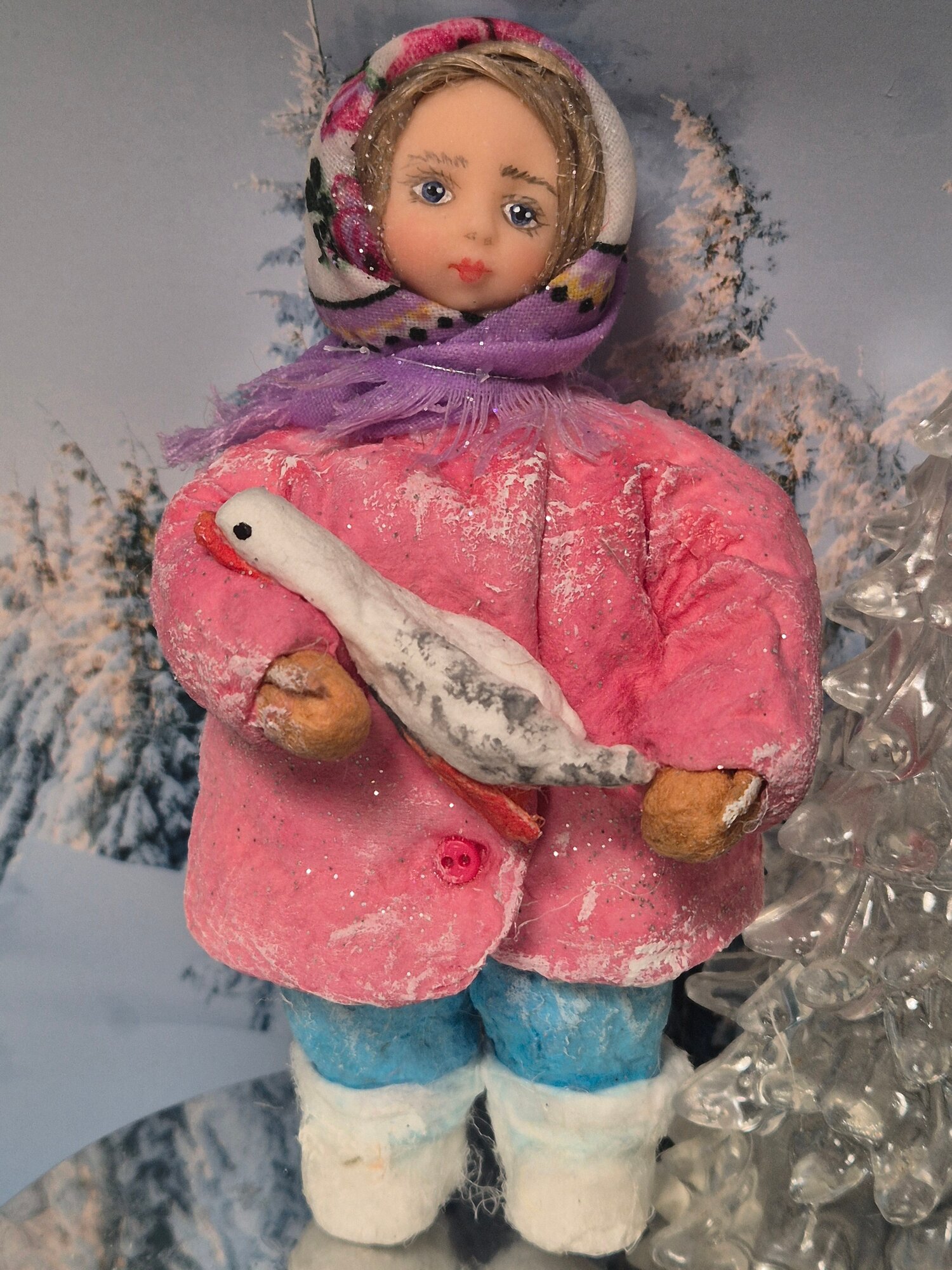 Ватная ёлочная игрушка Affavatta "девочка с гусем", ручная роспись, высота 12 см