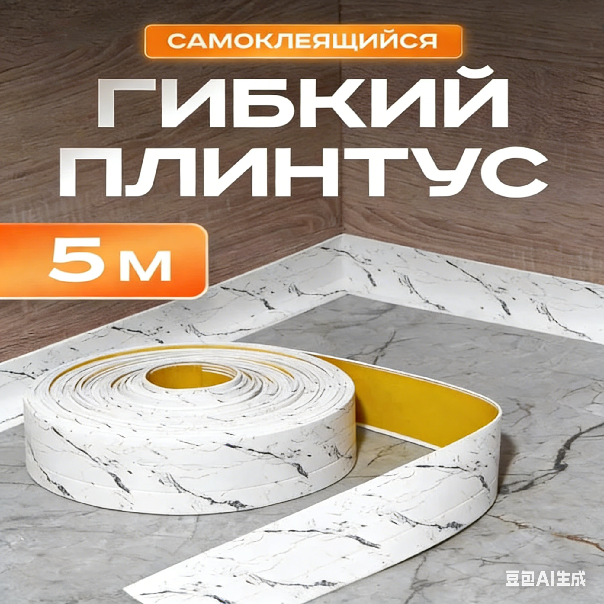 Плинтус гибкий напольный самоклеющийся, 38мм х 5м, белый мрамор , гибкий плинтус для пола.