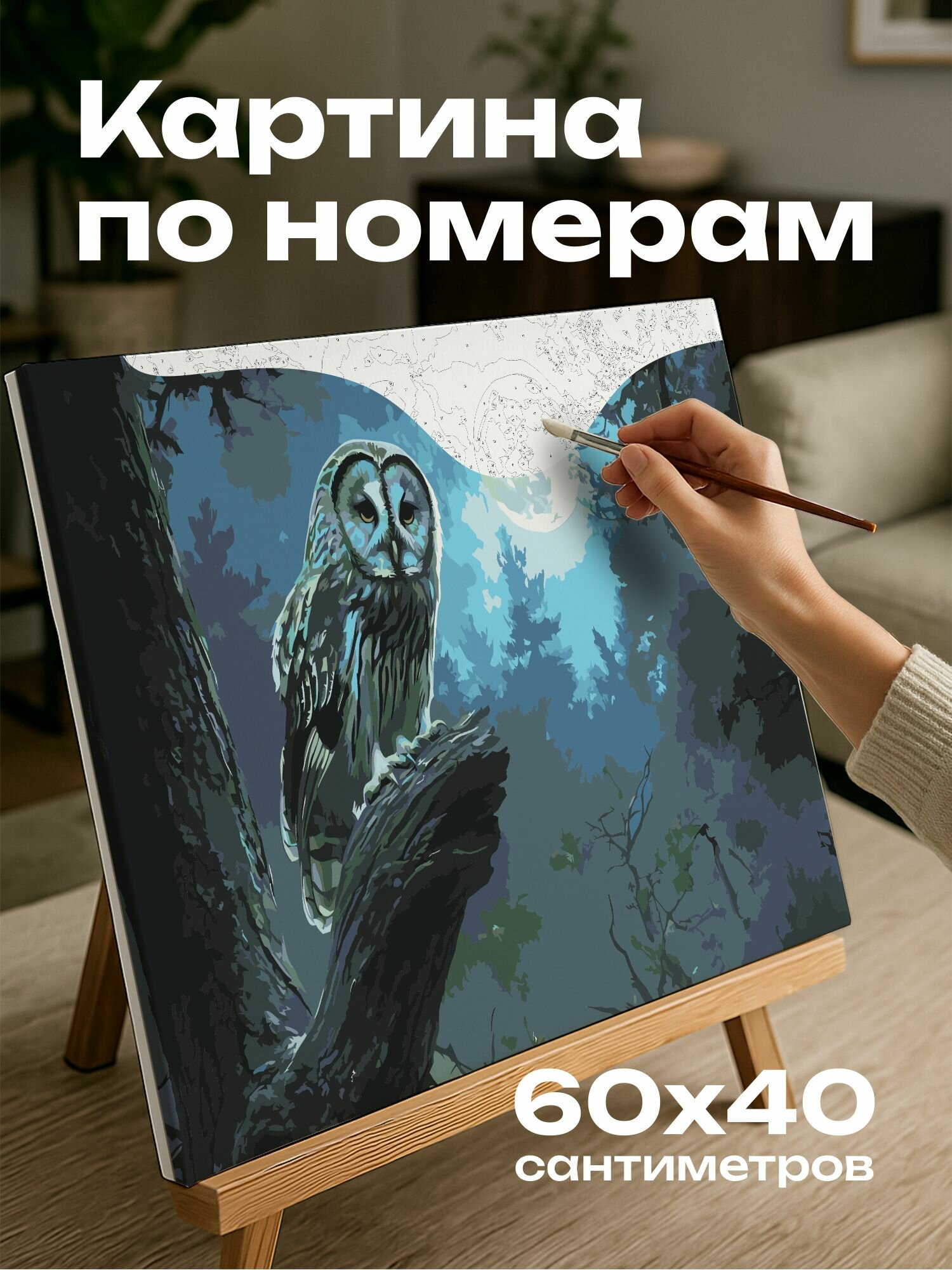 Картина по номерам 60x40 см, Сова, ветка, дерево, лес, луна, свет, спокойствие, мудрость, мистика, цифровая картина