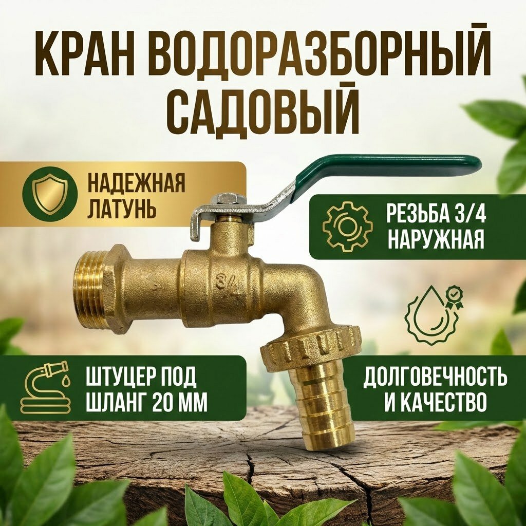 Кран водоразборный 3/4 наружная резьба с носиком латунь садовый на штуцер 20 мм
