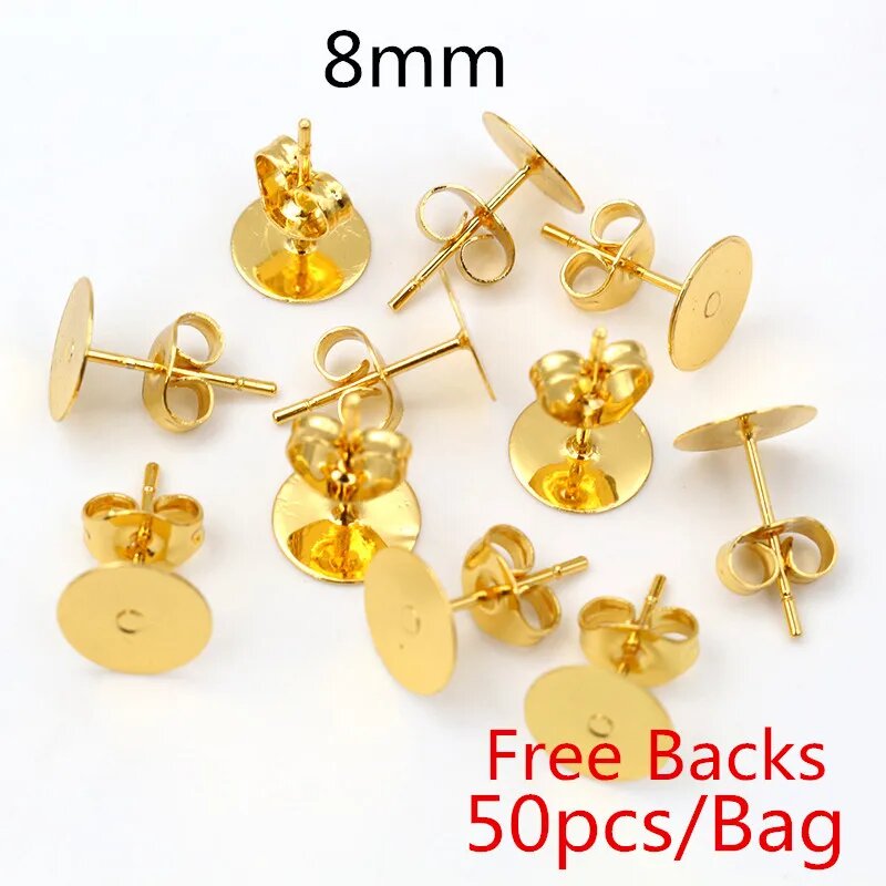 Золотые пустые серьги-гвоздики из нержавеющей стали Wadsfred 8mm x 50pcs