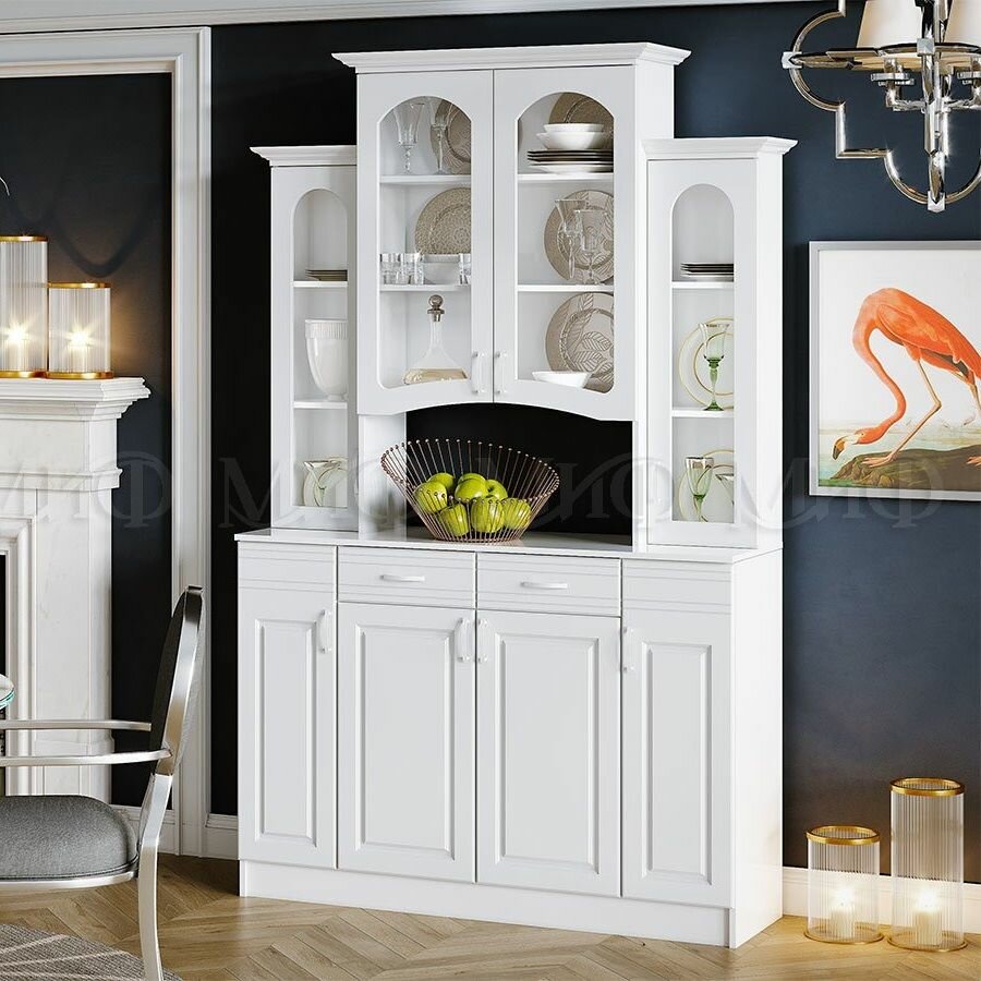 Буфет для кухни Констанция, кухонный шкаф витрина для посуды напольный с фасадами МДФ, 140х225х43 см, Белый матовый/Белый