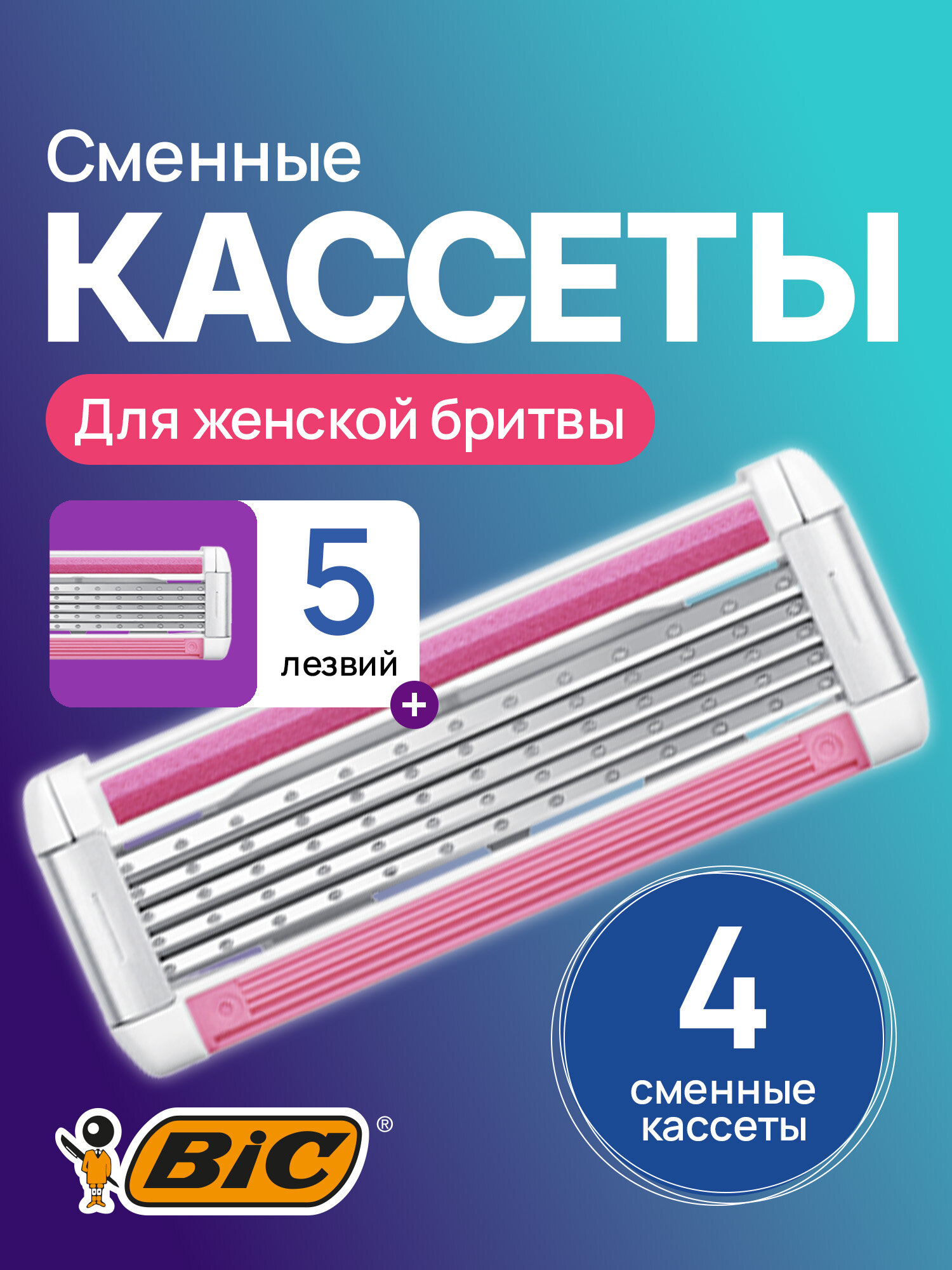 Сменные кассеты для женской бритвы BIC Клик 5 Солей, 5 лезвий, увлажняющая полоска с алоэ вера, 4 шт