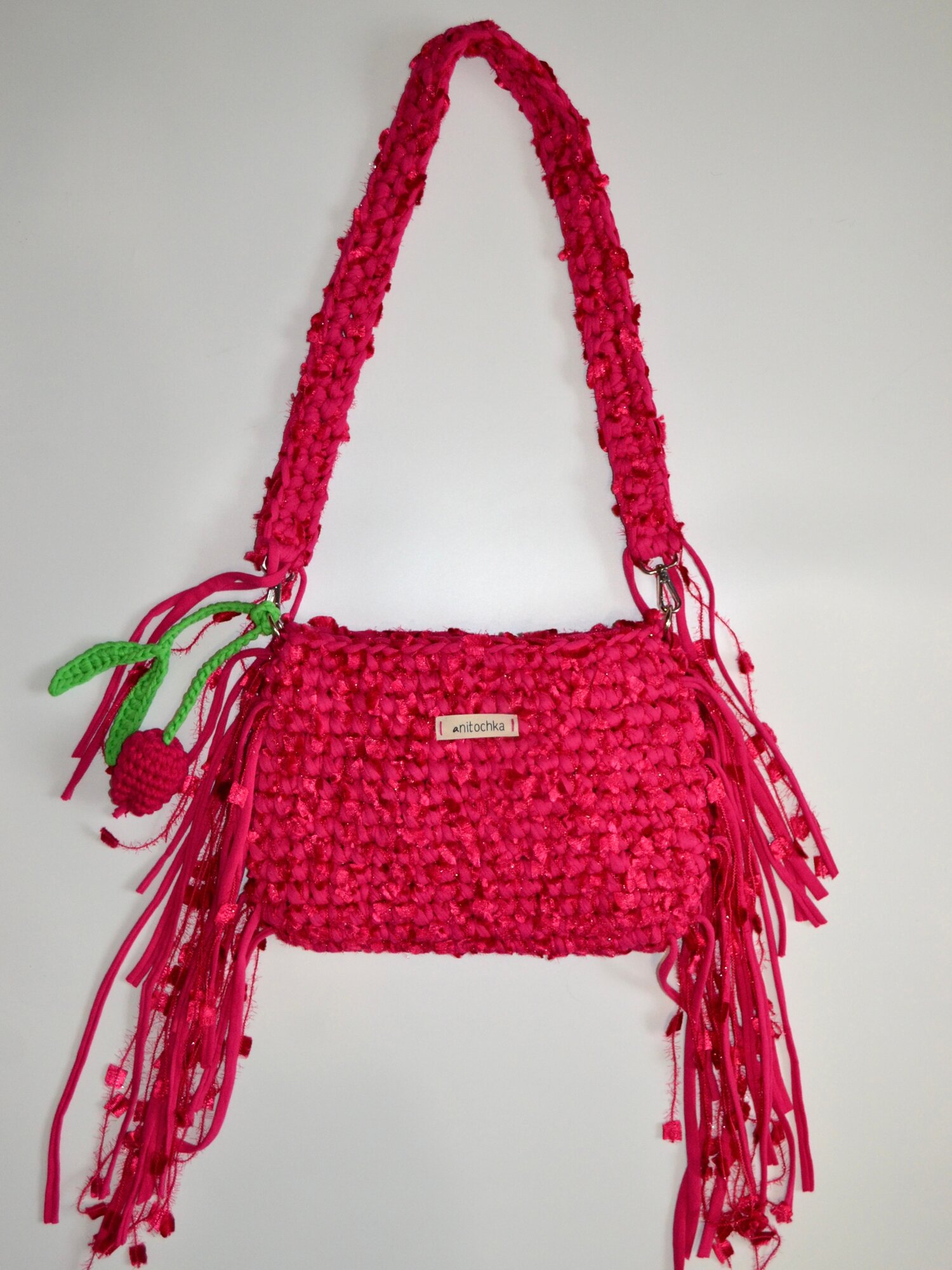 Сумка багет  из фантазийной пряжи "реснички", anitochka.shop, Фуксия