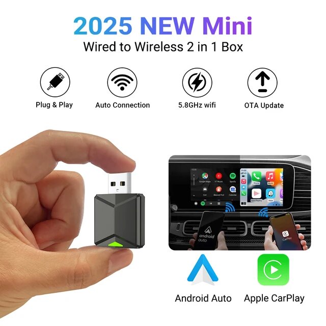 Acodo 2026 Android 14 3-в-1 CarPlay AI Box Беспроводной автомобильный USB-адаптер для Android, совместимый с универсальными ТВ-приставками, такими как YouTube и Netflix, подключение и использование без дополнительных настроек.