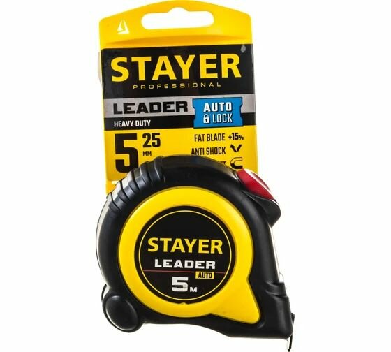Рулетка Stayer LEADER 5м / 25мм с автостопом в ударостойком обрезиненном корпусе