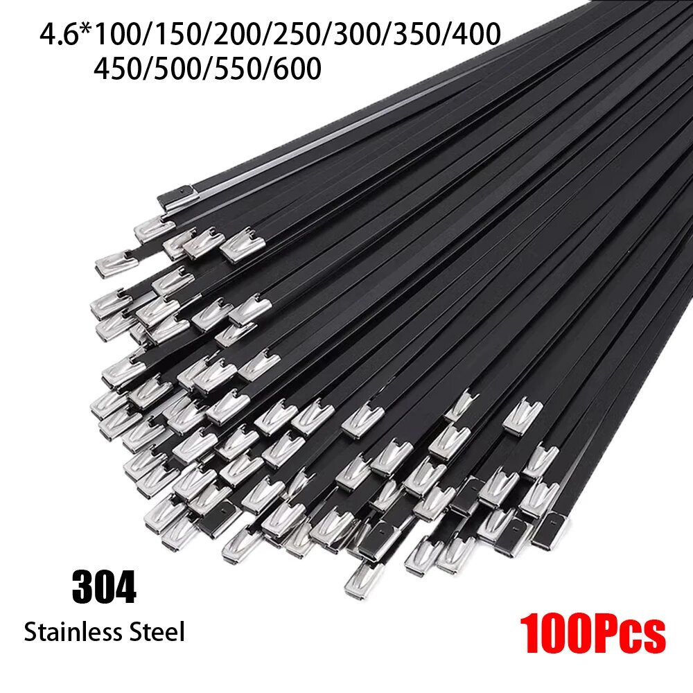 Черные кабельные стяжки из нержавеющей стали 4.6x300mm, 100 шт.