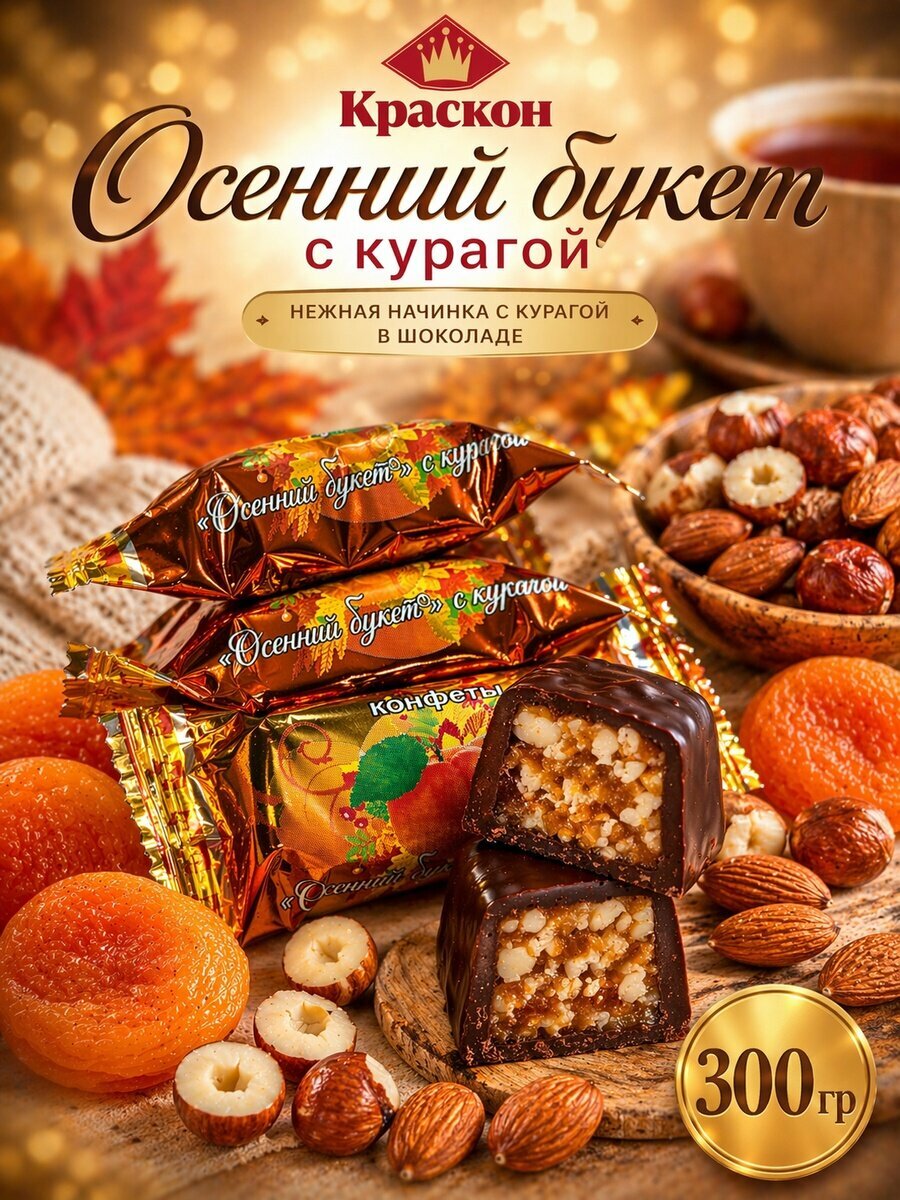 Шоколадные конфеты мягкий грильяж Осенний букет с курагой 300 гр