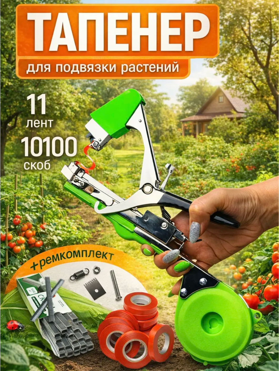 Тапенер садовый для подвязки растений, 11 лент и 10100 скоб в комплекте