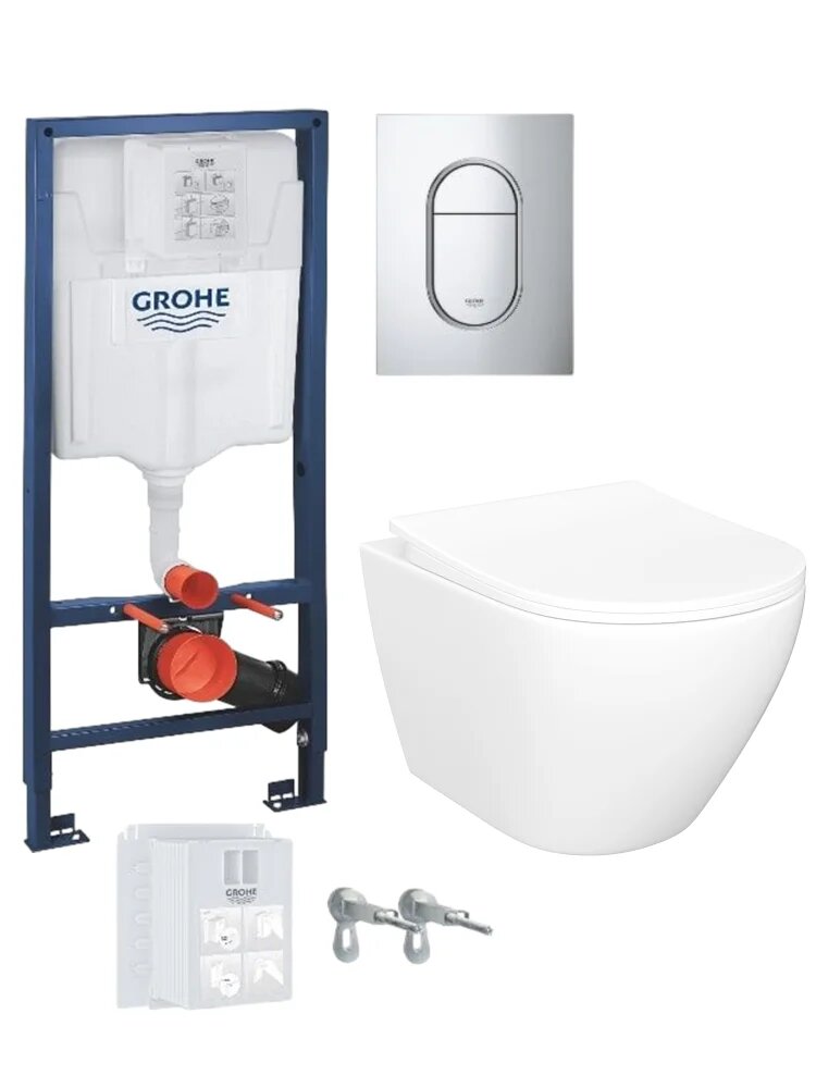 Инсталляция с унитазом комплект 4 в 1: Инсталляция Grohe Rapid SL 39702000 / Унитаз подвесной STWORKI Кронборг S28401WH / Кнопка хром, Комплект креплений