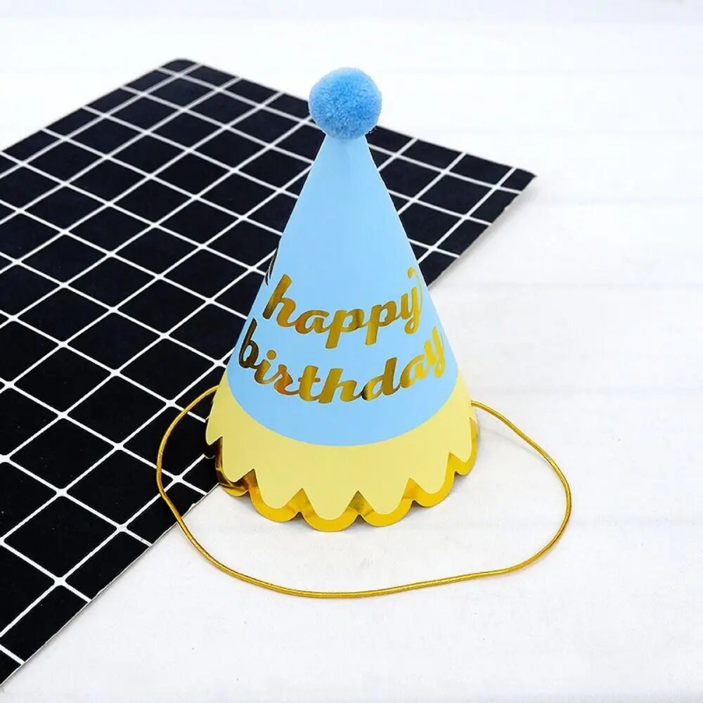 Голубая бумажная корона "Happy Birthday" с помпоном, Цвет: 09