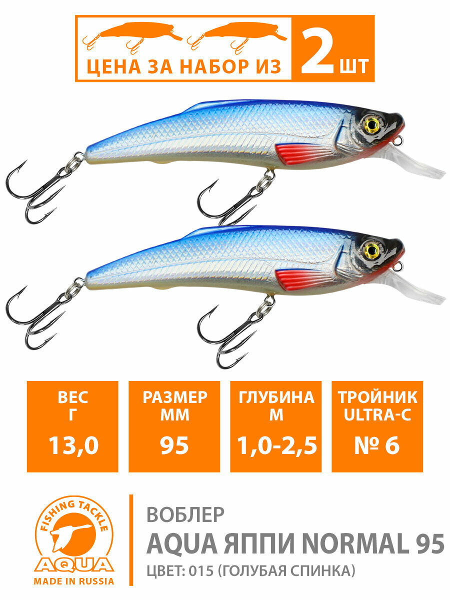 Воблеры для рыбалки на щуку, судака, окуня AQUA Яппи Normal 95mm 13g. Воблер для троллинга, спиннинга. Цвет 015 2шт