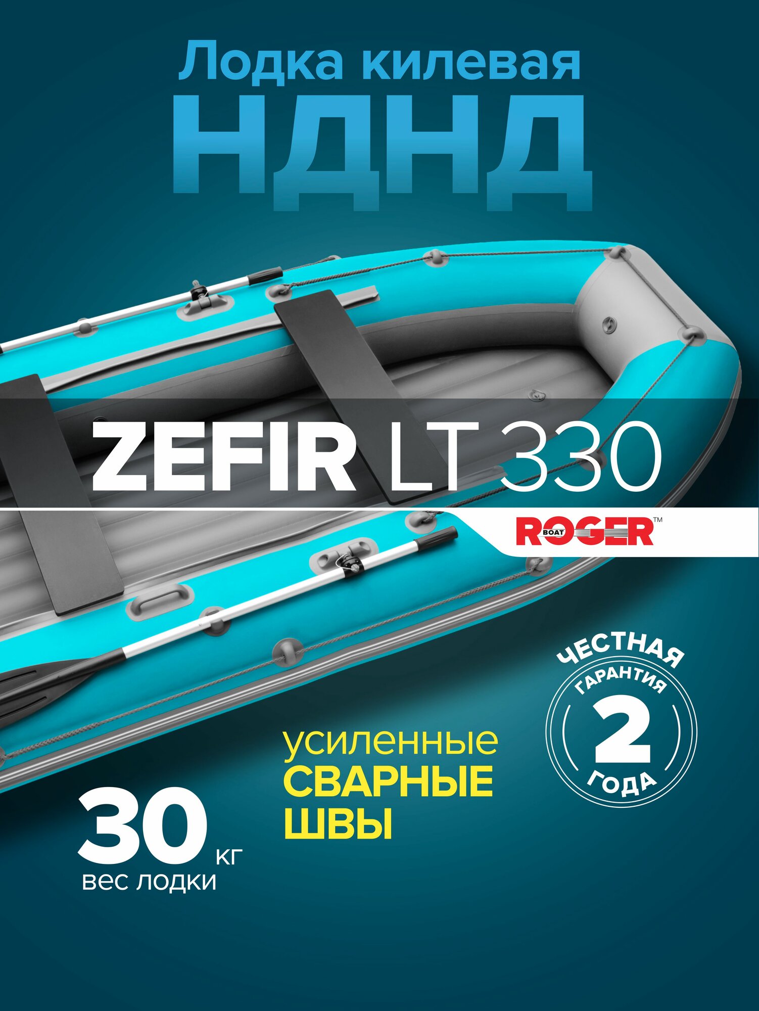 Лодка ПВХ под мотор ROGER Zefir 330 LT, лодка надувная для рыбалки роджер НДНД киль (бирюзовый-серый)