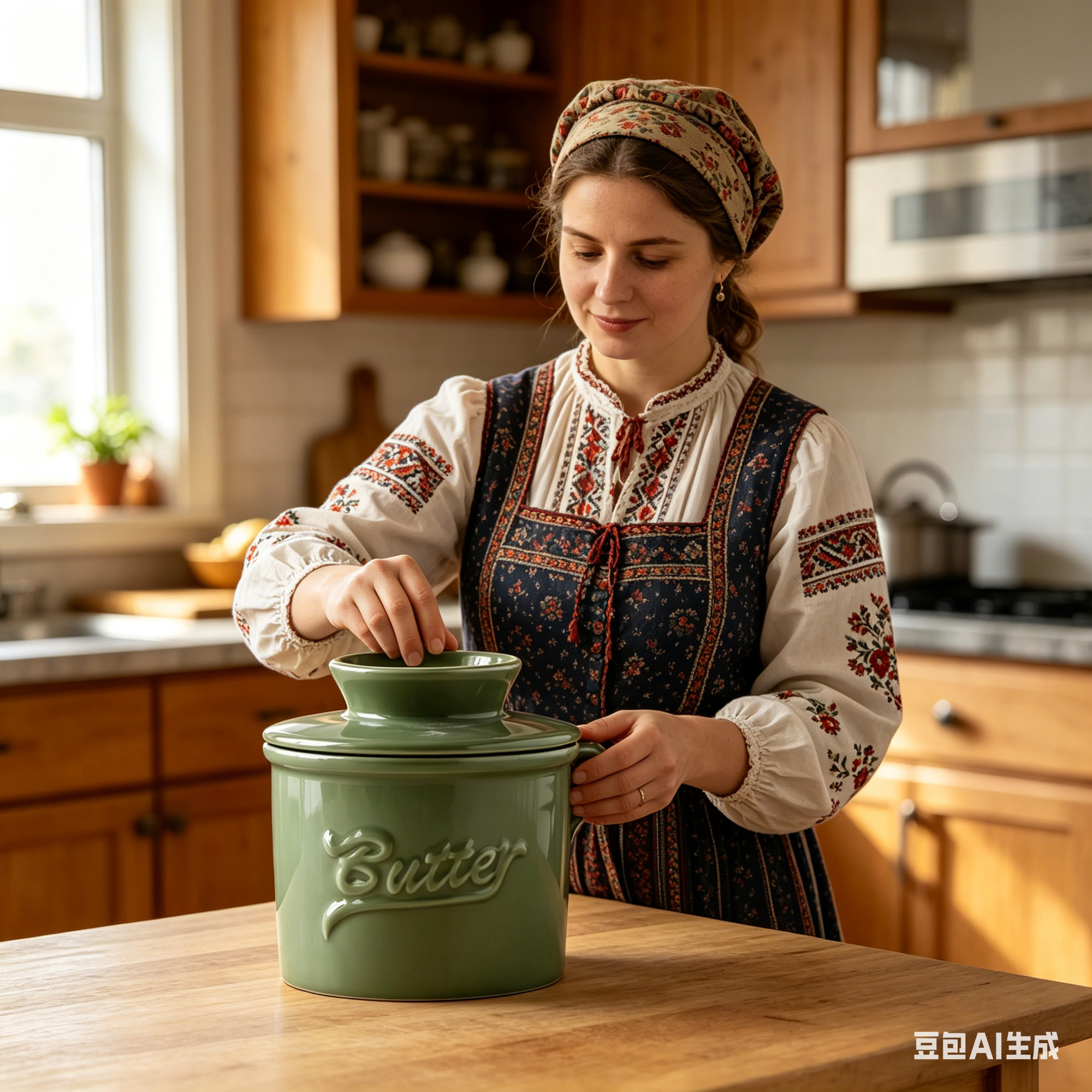 Масленка керамическая, с крышкой, мытая в посудомойке, зелёный, 11,5см