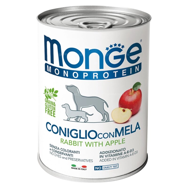 Влажный корм Monge Dog Monoprotein Fruits для собак , паштет со вкусом кролика с яблоком (12шт по 400г)